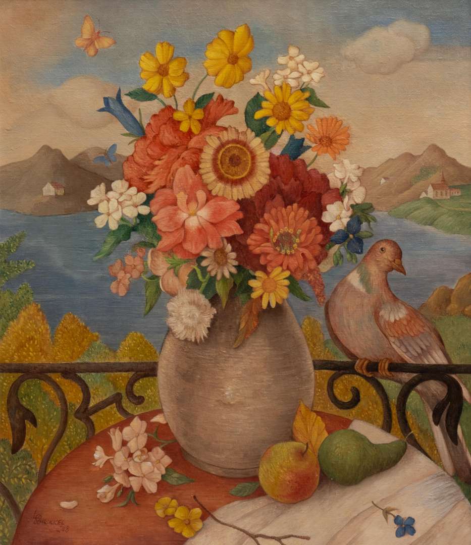 Bloemen in een vaas met duif op een terras (1948) - Schrikkel, Louis ...